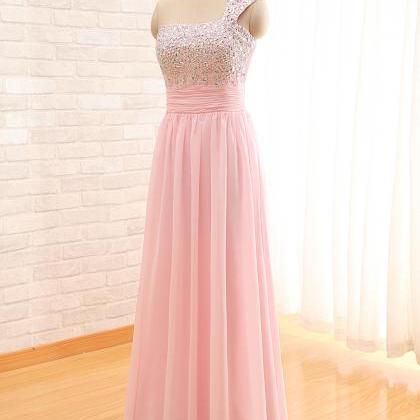 Marvelous Pink One Shoulder Formal Dresses Floor Length Ruched Beaded ...