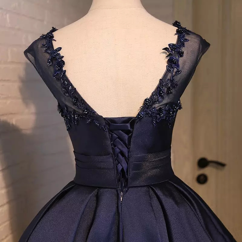 Elegant High Low Navy Blue Prom Dresses, Sheer Neck Satin Prom Dresses ...