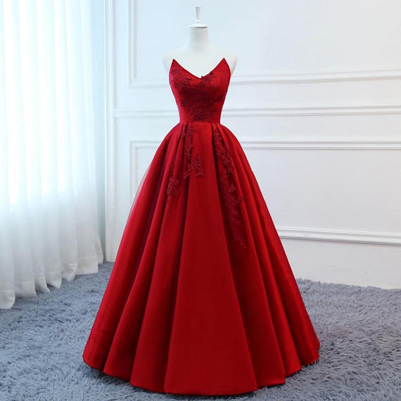 Charming Red Ball Gown Prom Dresses Satin V Neck Evening Gowns With ...