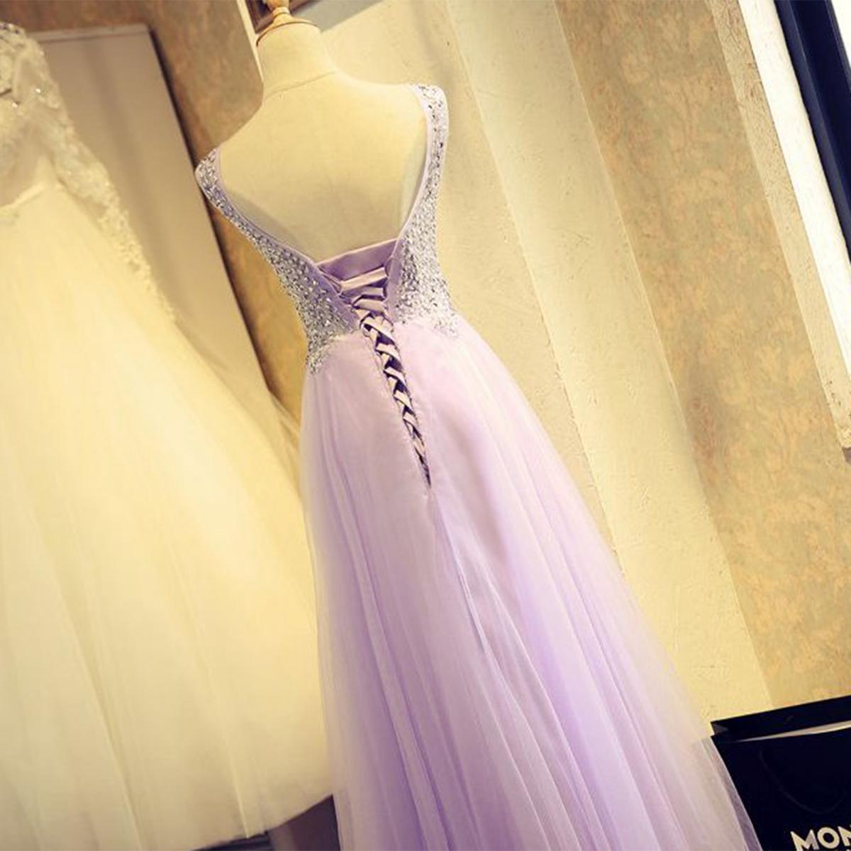 Floor Length Light Purple Prom Dresses With V Neck And Beaded Bodice ...