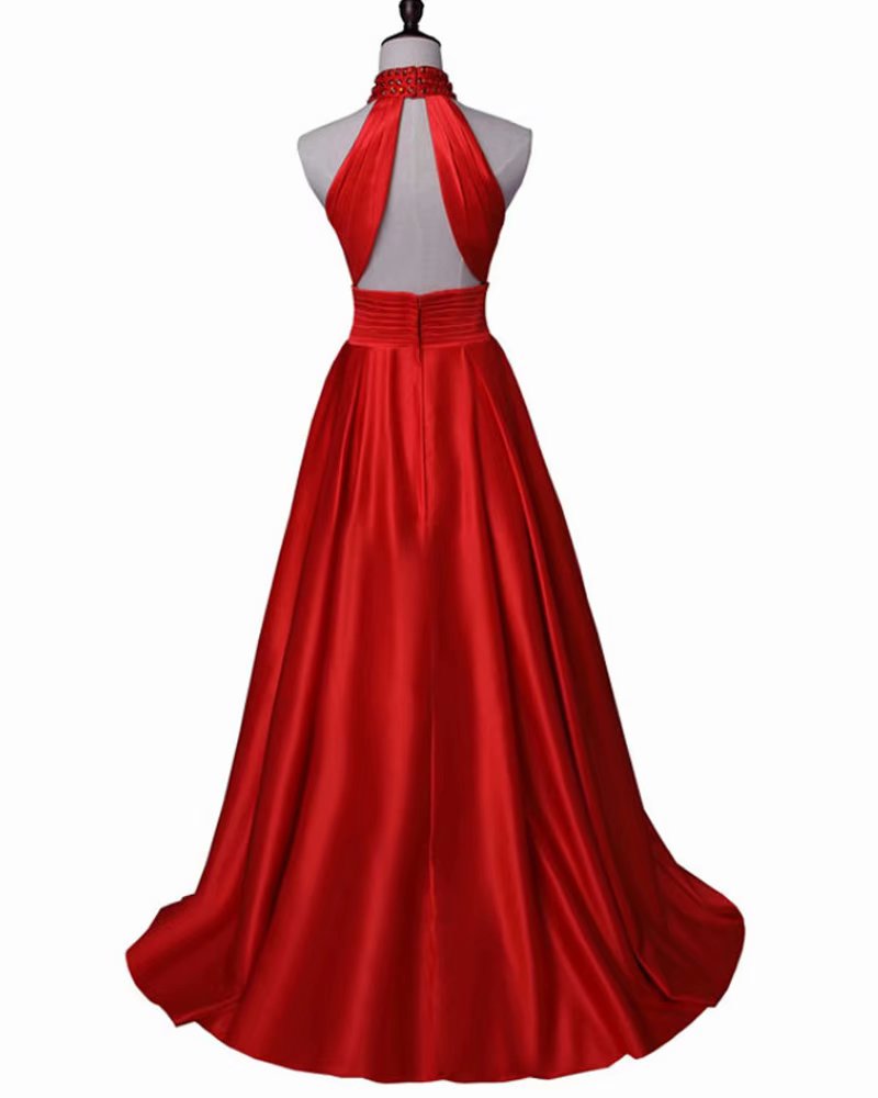 Halter Long Satin Red Prom Dress Floor Length Women Evening Dress on Luulla