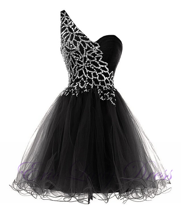 Luxury Black Beaded One Shoulder Mini Prom Dresses Short Evening ...