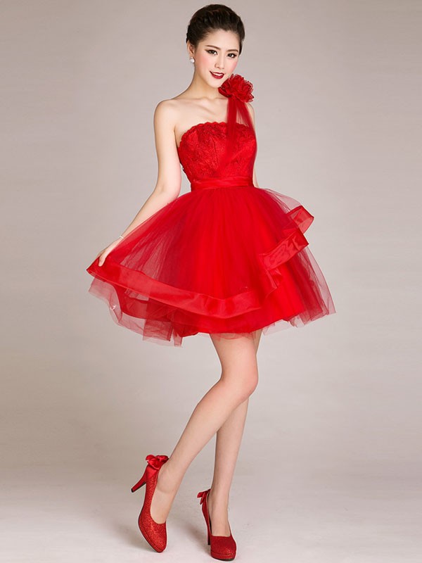 Elegant High Quality Short Length Red Prom Dresses, One Shoulder Tulle ...
