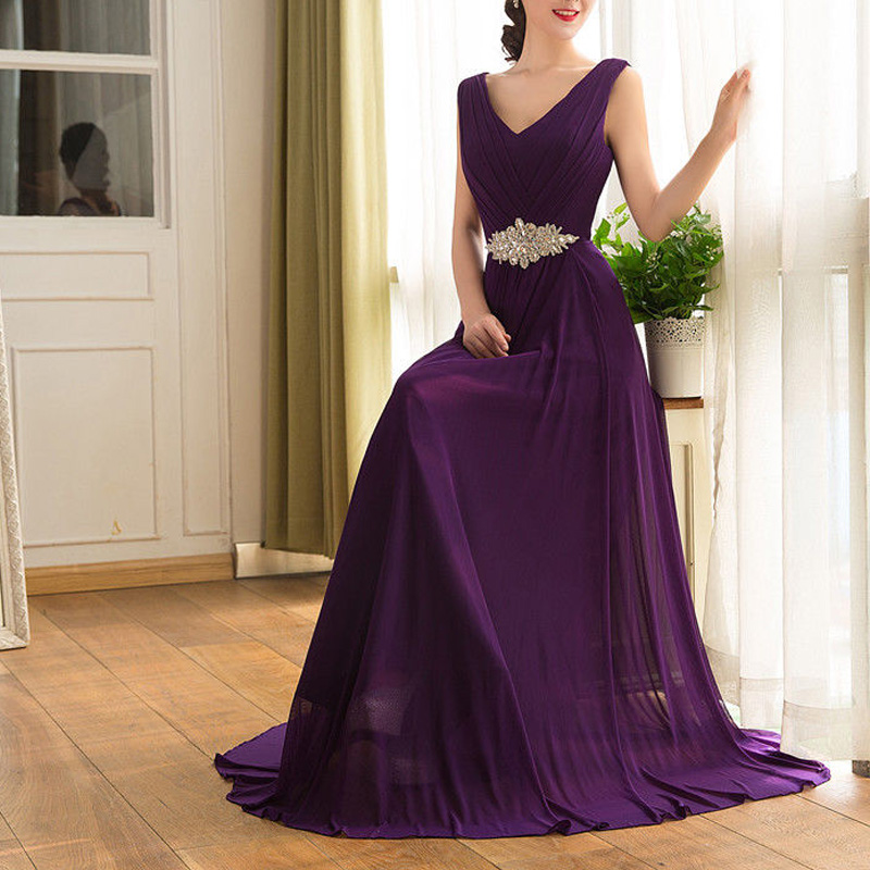 Fashion Elegant Grape Purple Evening Dresses A Line V Neck Chiffon Prom ...