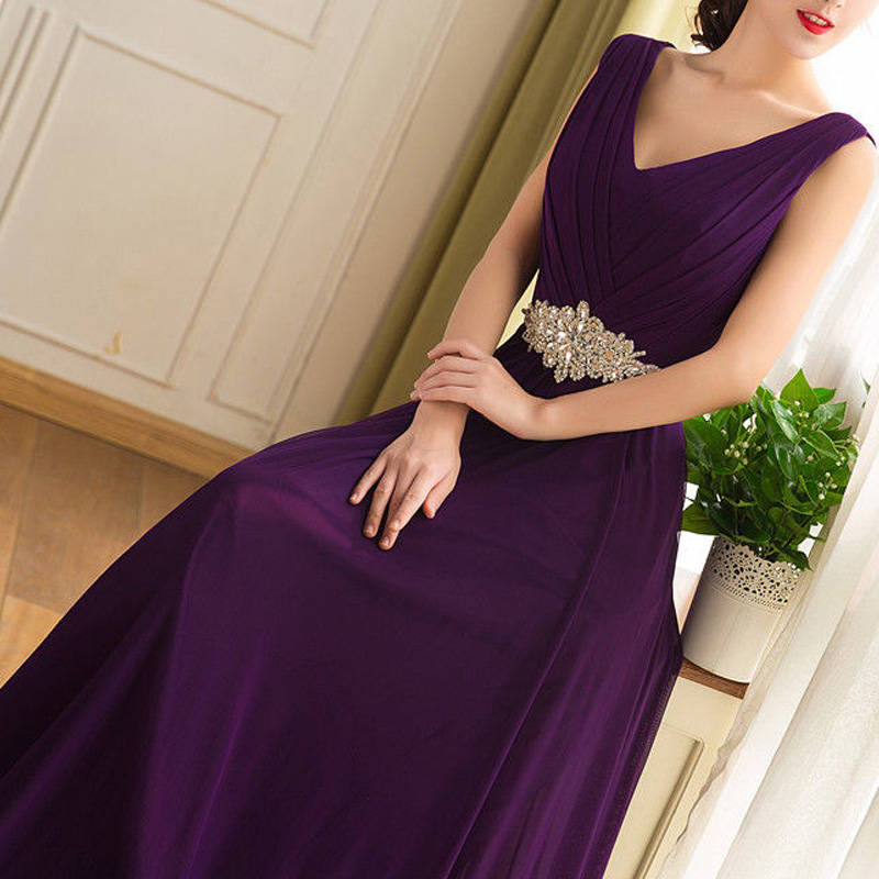 Fashion Elegant Grape Purple Evening Dresses A Line V Neck Chiffon Prom ...