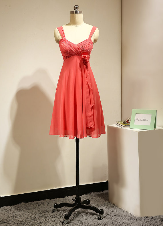 Short Coral Spaghetti Straps Chiffon Bridesmaid Dresses With Flower ...