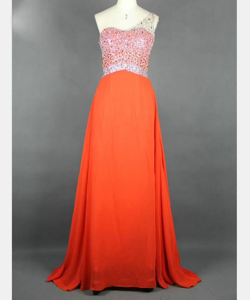 Orange Long Chiffon A Line Evening Dress Featuring Rhinestone Beaded ...