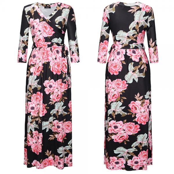 Black Chiffon Rose Printed Floral Women Dresses With Half Sleeve And V ...
