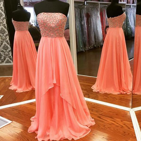 Charming Chiffon Floor Length Strapless Coral Prom Dress , Party ...