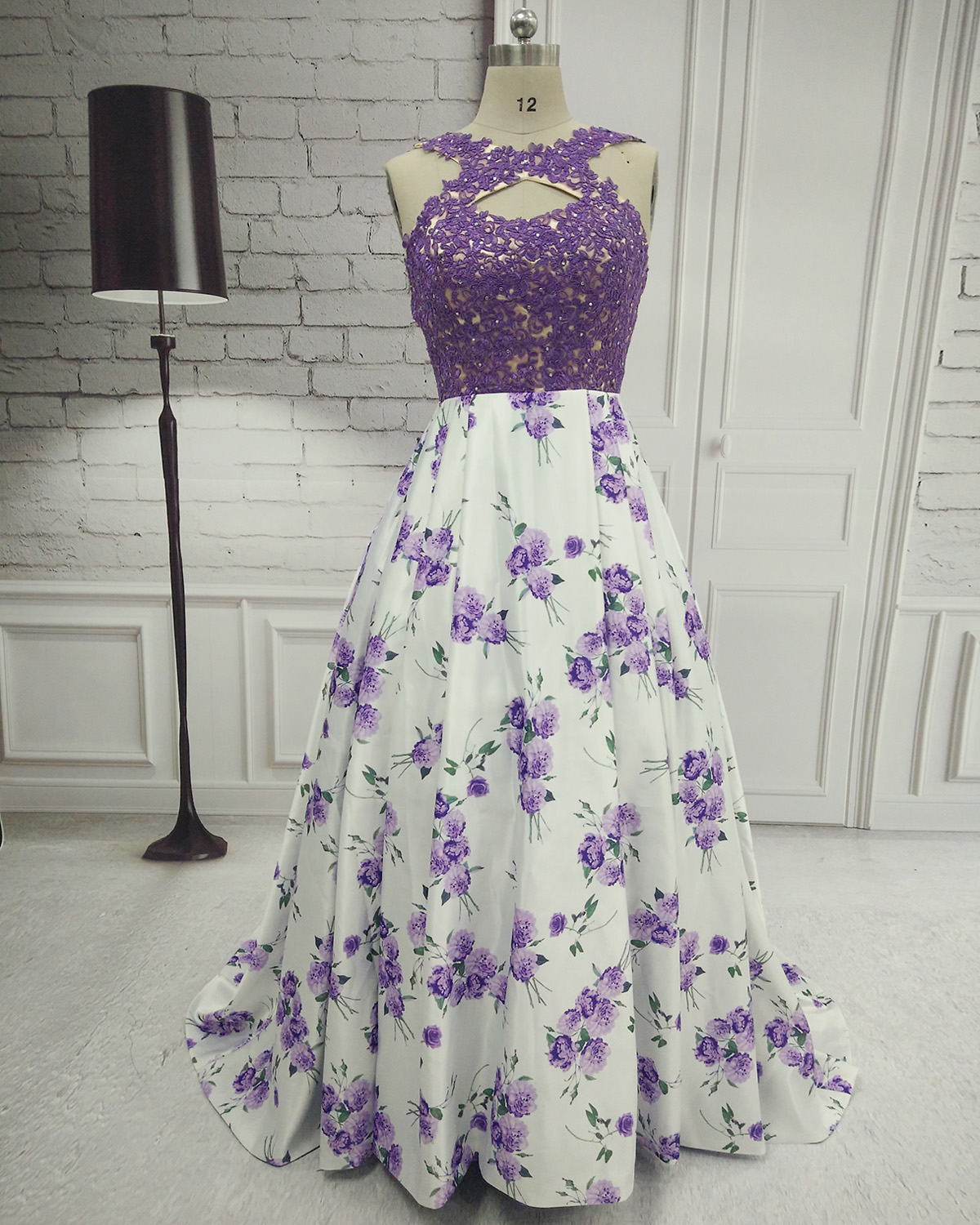 Long Purple A Line Prom Dresses With Lace Applique Bodice And Print ...