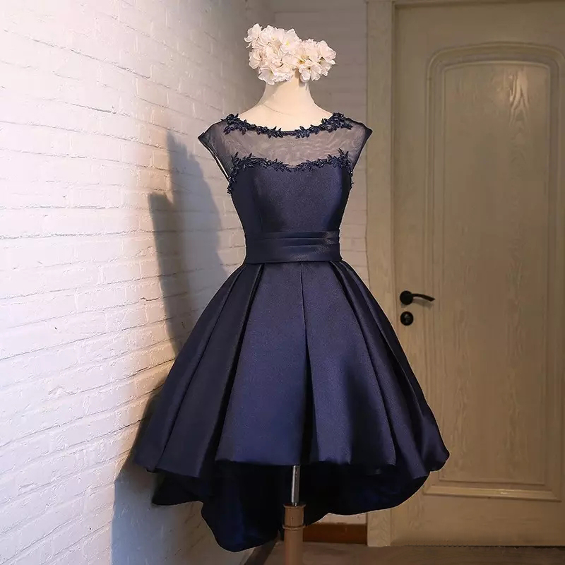 Elegant High Low Navy Blue Prom Dresses, Sheer Neck Satin Prom Dresses ...