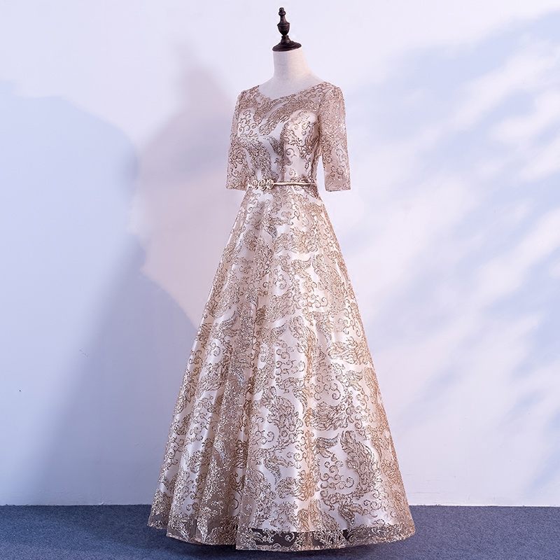 Gold Evening Dresses Scoop Neck Half Sleeve Beaded Formal Gown Prom ...