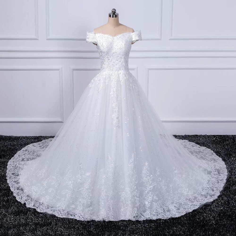 Off-shoulder Wedding Dresses Lace Applique Cheapl Train Bridal Dress ...