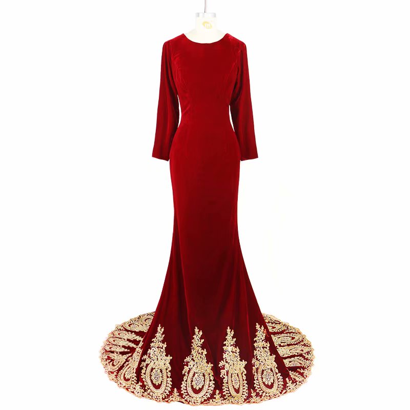 Red Prom Dresses 2019 O Neck Sweep Train Long Sleeve Evening Gown ...