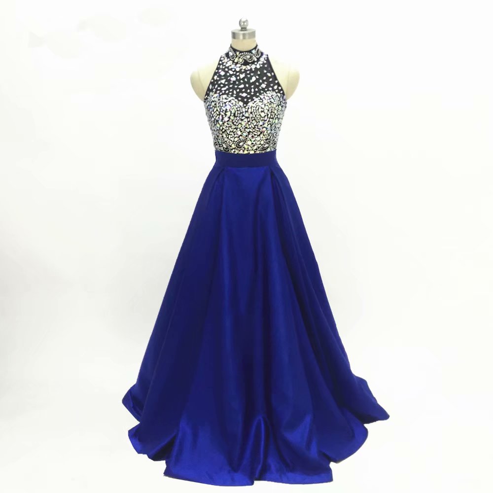 Royal Blue Crystal Beaded Prom Dresses 2019 Fashion A-line Chiffon ...