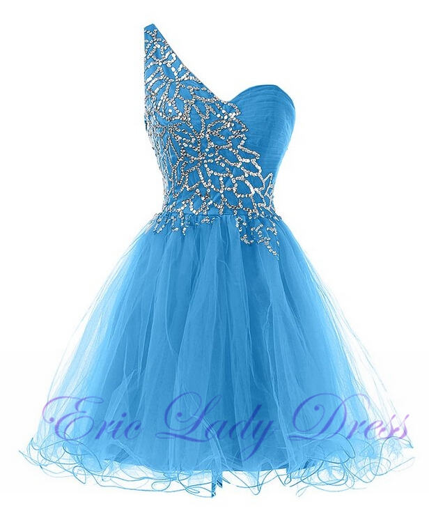 Luxury Blue Beaded One Shoulder Mini Prom Dresses Short Evening Dresses ...