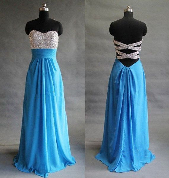 Sexy Chiffon Long Blue Sweetheart Blue Cross Back Prom Dress , Party ...