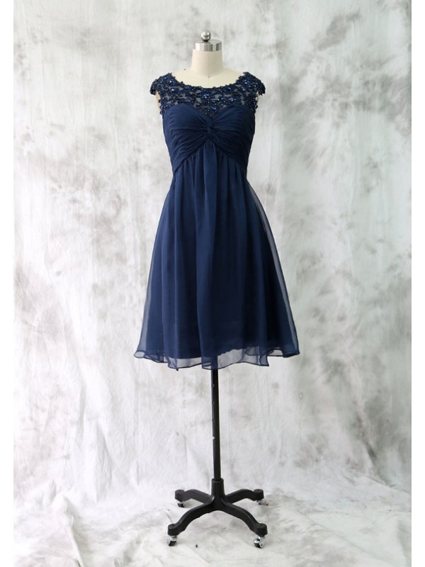 Elegant High Quality Short Length Navy Blue Prom Dresses, Sheer Neck ...