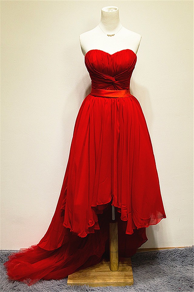 Fashion Sweetheart High Low Red Chiffon Prom Dresses With Court Train ...