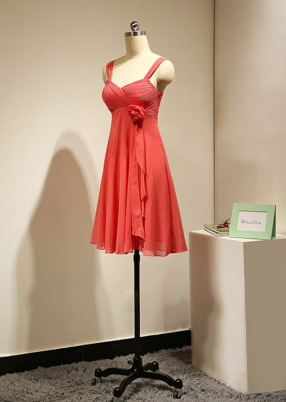 Short Coral Spaghetti Straps Chiffon Bridesmaid Dresses With Flower ...
