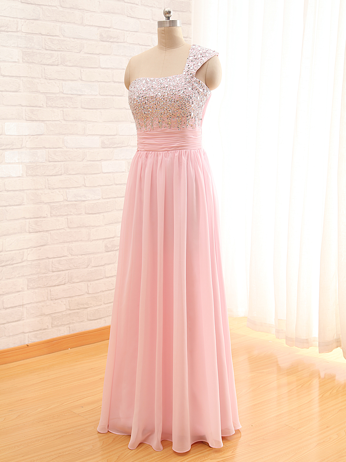 Marvelous Pink One Shoulder Formal Dresses Floor Length Ruched Beaded ...