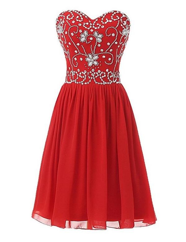 Beaded Embellished Red Chiffon Sweetheart Short A-line Homecoming Dress ...